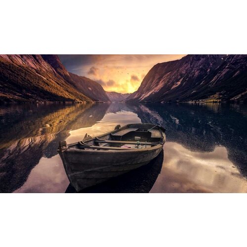 Картина на холсте 60x110 Альянс Лес "Озеро лодка" на подрамнике / интерьер/ декор