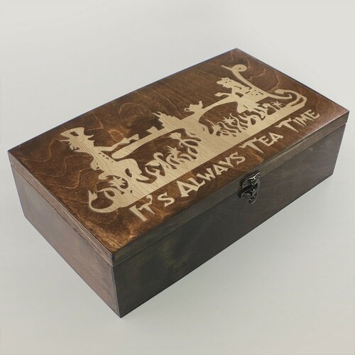 Коробка для чайных пакетиков из дерева, чайница большая, 4 отделения с узором Сказка Алиса в стране чудес - 1284