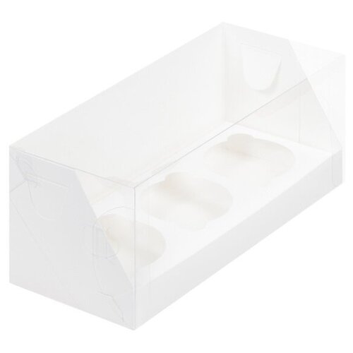 Комплект 10 штук. Коробка на 3 капкейка с пластиковой крышкой РК Белая . Размер: 24х10х10 см