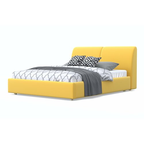 Двуспальная кровать бекка 140х200, с мягким изголовьем, желтый, велюр, деревянная, на ножках