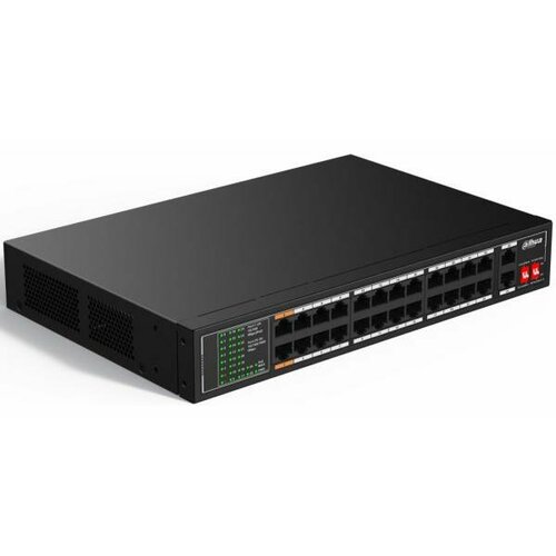 DAHUA DH-SF1026LP 26-портовый неуправляемый коммутатор с РоЕ, 24xRJ45 100Mb PoE, 2xRJ45 1Gb uplink, суммарно 190Вт, коммутация 8.8 Гбит/с, MAC-таблица