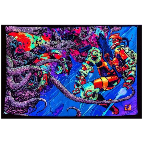 UV Киберпанк картина "Space Encounter", 50x75 см. Полотно Космическая встреча светится в ультрафиолете активным флуоресцентным психоделическим принтом
