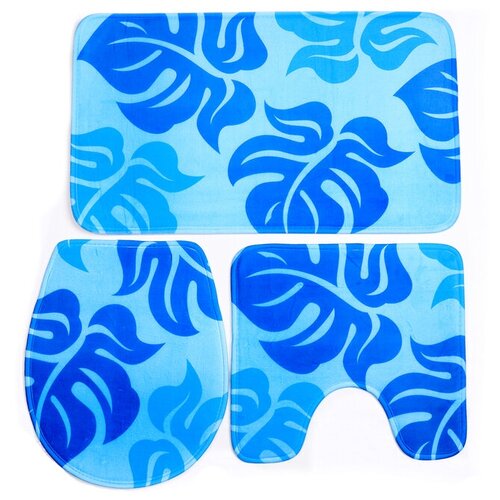 Набор ковриков для ванной и туалета Доляна «Голубые листья», 3 шт: 41×45, 40×50, 45×75 см
