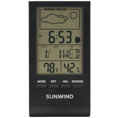 Термометр SunWind, (часы, будильник, календарь, отображение фаз луны), черного цвета