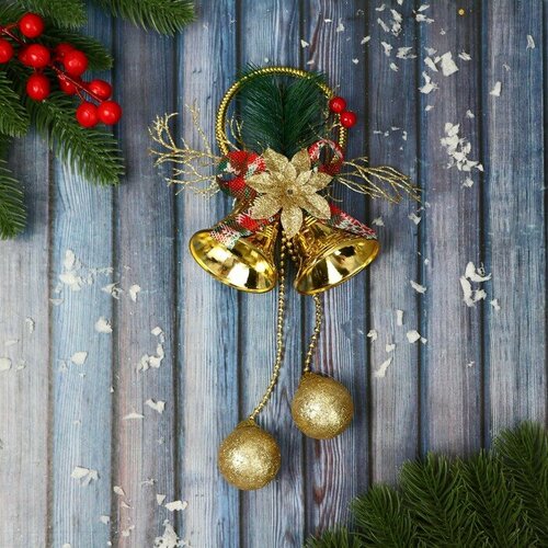 Зимнее волшебство Украшение новогоднее "Колокольчики с цветком и веточками" 10х25 см, золото