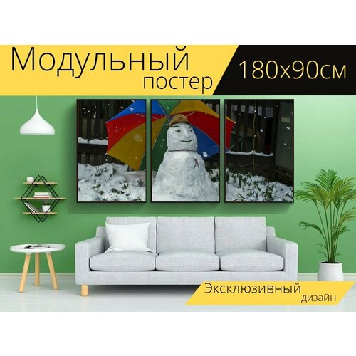 Модульный постер "Март, снеговик, зонтик" 180 x 90 см. для интерьера