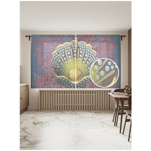 Тюль для кухни и спальни JoyArty "Солнечный жемчуг", 2 полотна со шторной лентой, 145x180 см.