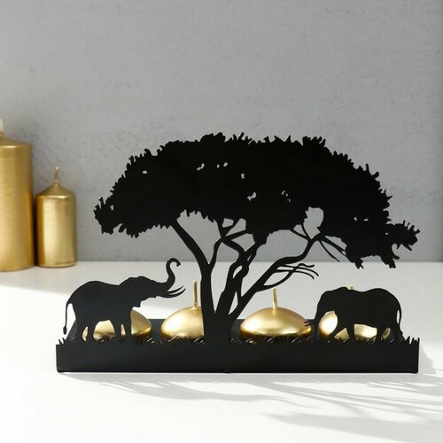 Подсвечник металл на 4 свечи "Слоны Африки" чёрный 13,2х20х6,8 см