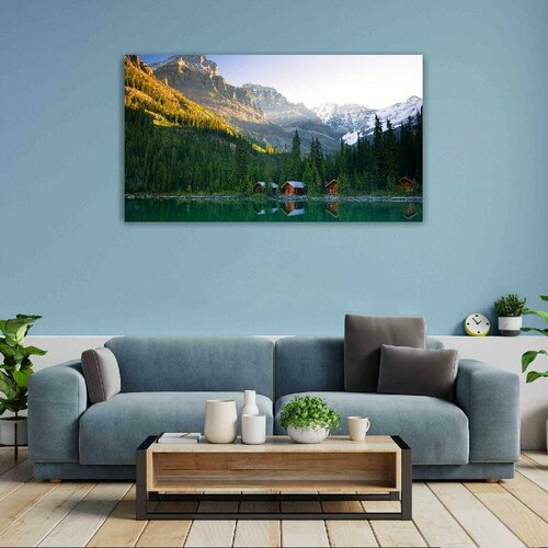 Картина на холсте 60x110 LinxOne "Небо лес домик озеро дом" интерьерная для дома / на стену / на кухню / с подрамником