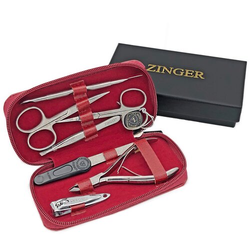 Маникюрный набор Zinger 7105, 7 предметов, серебристый/тёмно-красный