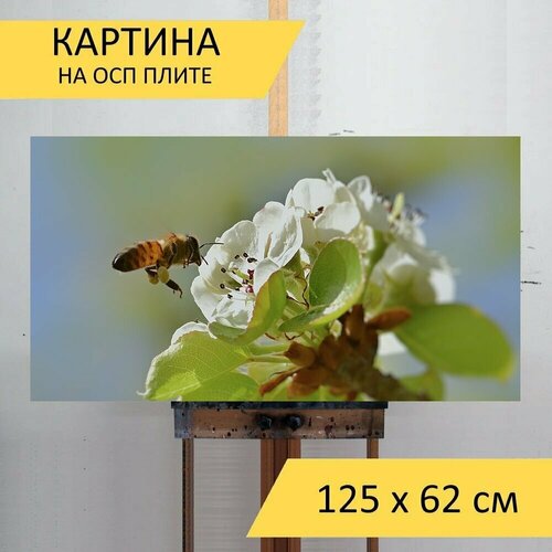 Картина на ОСП 125х62 см. "Пчела, летающий, цветы" горизонтальная, для интерьера, с креплениями