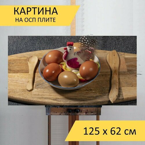 Картина на ОСП 125х62 см. "Яйца, пасхальный, красочный" горизонтальная, для интерьера, с креплениями