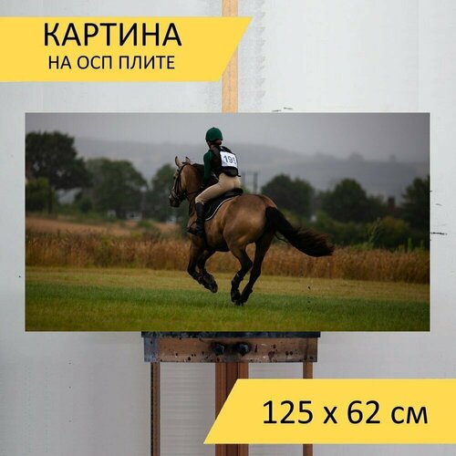 Картина на ОСП 125х62 см. "Лошадь, скачущий, галопом" горизонтальная, для интерьера, с креплениями
