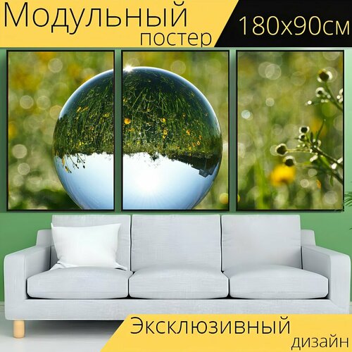 Модульный постер "Стеклянный шар, пуля, стекло" 180 x 90 см. для интерьера