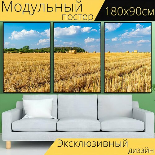 Модульный постер "Тюки соломы, поле, кукурузное поле" 180 x 90 см. для интерьера