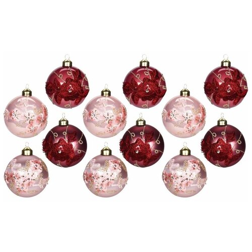 Набор стеклянных ёлочных шаров ROMANCE DE FLEURS, розовые, розовый бархат, 8 см, упаковка 12 шт, Koopman International ABT620120