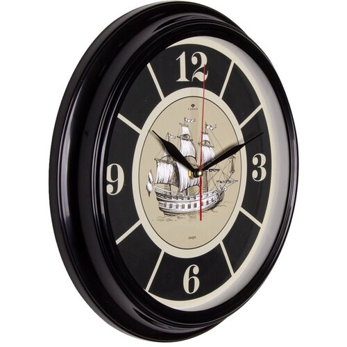 Часы настенные Рубин круглые 35 см, корпус черный "Корабль" (3527-001)