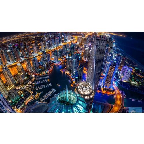 Картина на холсте 60x110 LinxOne "ОАЭ город ночь вечер Dubai" интерьерная для дома / на стену / на кухню / с подрамником