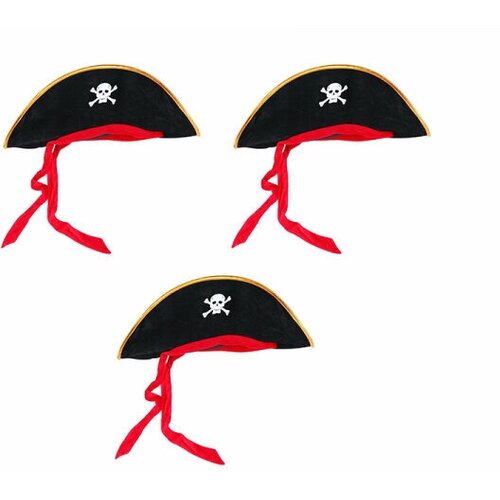 Шляпа пирата "Пиратская треуголка с красной лентой" с черепом (Набор 3 шт.)