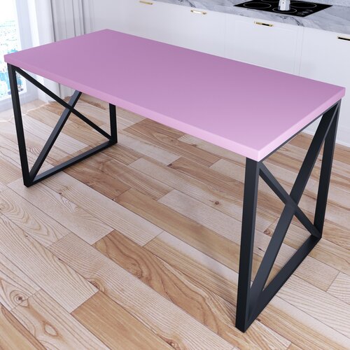 Стол кухонный Loft со столешницей розового цвета из массива сосны 40 мм и черными металлическими крестообразными ножками, 130х80х75 см