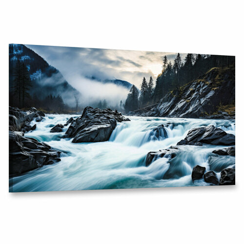 Интерьерная картина 100х60 "Пейзаж с горной рекой и водопадами"