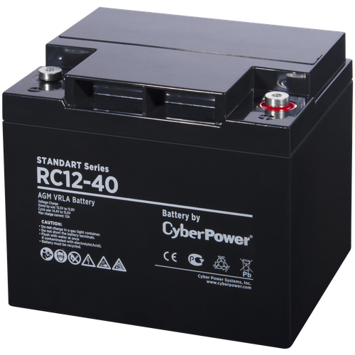 Аккумуляторная батарея SS CyberPower RC 12-40 / 12 В 40 Ач - Battery CyberPower Standart series RС 12-40, voltage 12V, capacity (discharge 20 h) 40Ah, max. discharge current (5 sec) 380A, max. charge current 12A, lead-acid type AGM, terminals under bolt M