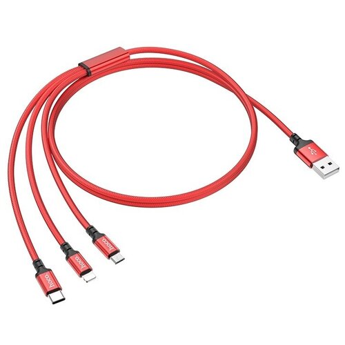 Кабель USB HOCO X14 3-in-1, USB - Lightning+MicroUSB+Type-C, 2А, 1 м, красный
