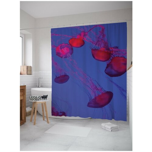 Штора водоотталкивающая для ванной, занавеска в ванную комнату тканевая JoyArty "Нашествие медуз", 180х200 см