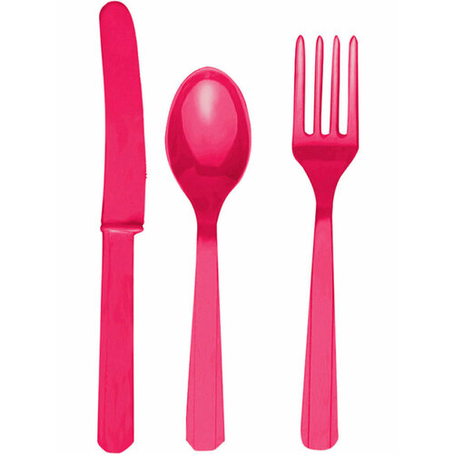 Прочные пластиковые приборы розовые: вилка, нож, ложка, 24 шт