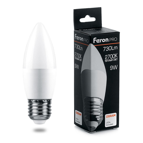 Лампа светодиодная LED 9вт Е27 теплый матовая свеча Feron.PRO | код 38062 | FERON ( 1шт )