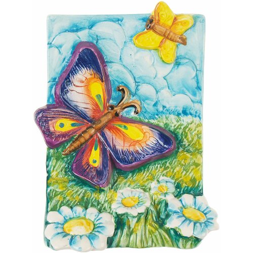 Панно Бабочка с ромашками керамическое декоративное авторской ручной работы