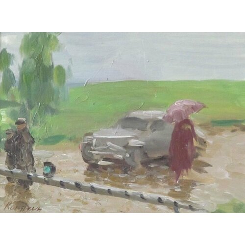 Картина "В дороге. Дождь", 25х32 см, холст, масло, авторская работа