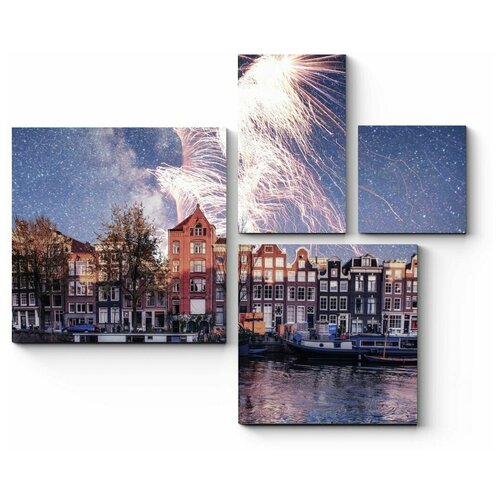 Модульная картина Яркий фейерверк в ночном небе Амстердама 152x127