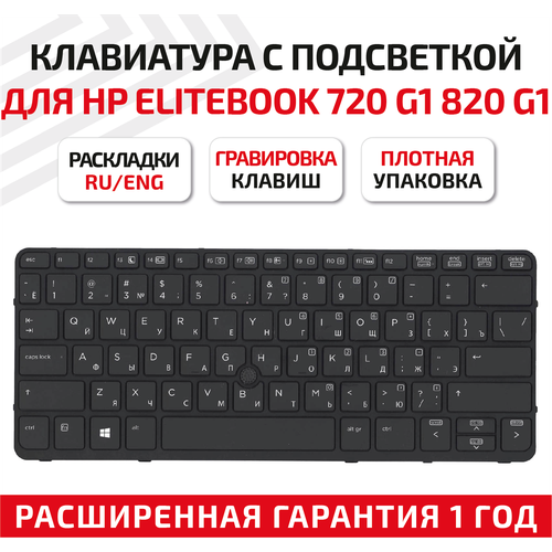 Клавиатура (keyboard) 735502-251 для ноутбука HP EliteBook 720 G1, 720 G2, 725 G2, 820 G1, черная с черной рамкой, указателем и подсветкой