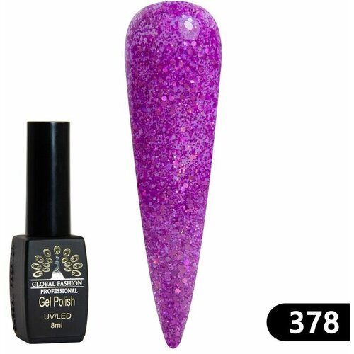 Global Fashion Гель-лак Black Elite для ногтей, маникюра и педикюра / 378 фиолетовый с глиттером