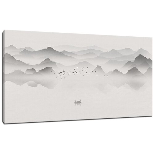 Картина Уютная стена "Силуэты гор над озером в тумане" 120х60 см