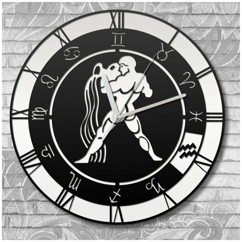 Настенные часы деревянные бесшумные гороскоп знаки зодиака астрология водолей - 639