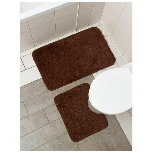Набор ковриков для ванны и туалета Доляна «Пушистик», 2 шт: 38×49, 49×79 см, цвет коричневый, (1 шт)