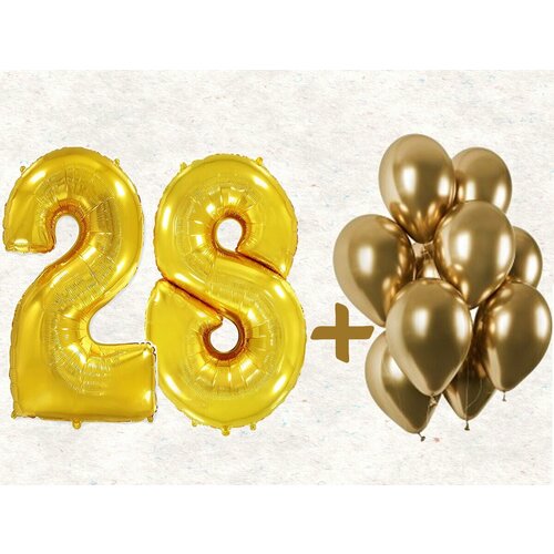 Набор воздушных шариков цифра " 28 " размер 102 см и 10 хромированных шаров 30 см, золотой