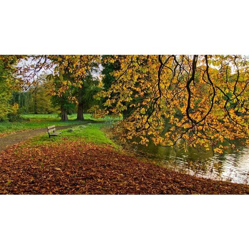 Картина на холсте 60x110 Альянс Лес "Осень пруд лавочка" на подрамнике / интерьер/ декор