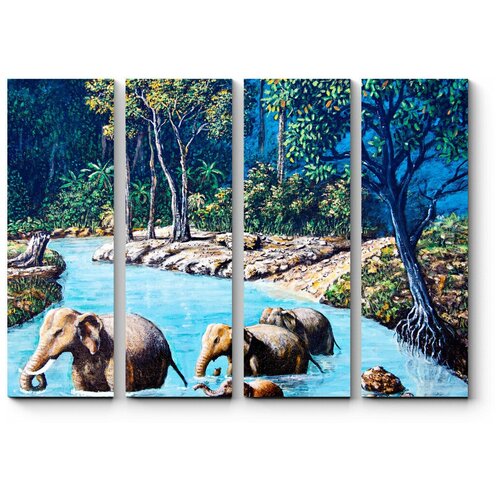 Модульная картина Семья слонов переправляется через реку 130x98