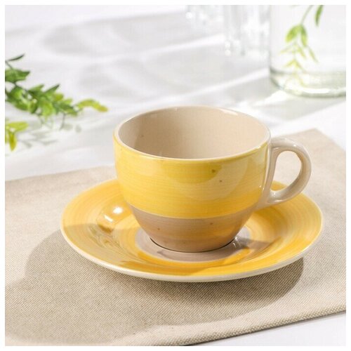 Чайная пара керамическая Доляна «Бутон», 2 предмета: чашка 200 мл, блюдце d=14,5 см, цвет жёлтый
