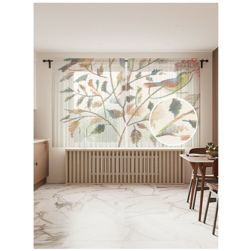 Тюль для кухни и спальни JoyArty "Птичьи ягоды", 2 полотна со шторной лентой шириной по 145 см, высота 180 см.