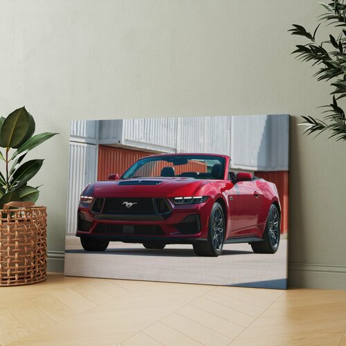 Картина на холсте "Красный спортивный автомобиль, припаркованный перед зданием" 80x100 см. Интерьерная, на стену.