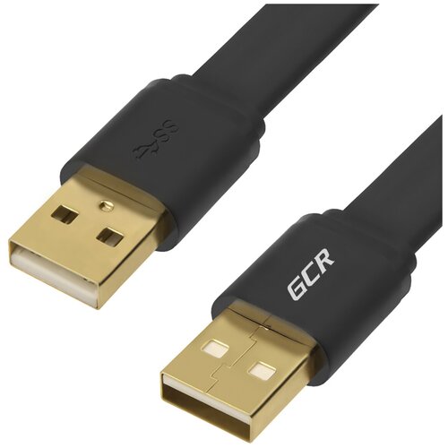 GCR Кабель PROF 2.0m USB AM/AM плоский, черный, GOLD, 28/24 AWG, морозостойкий