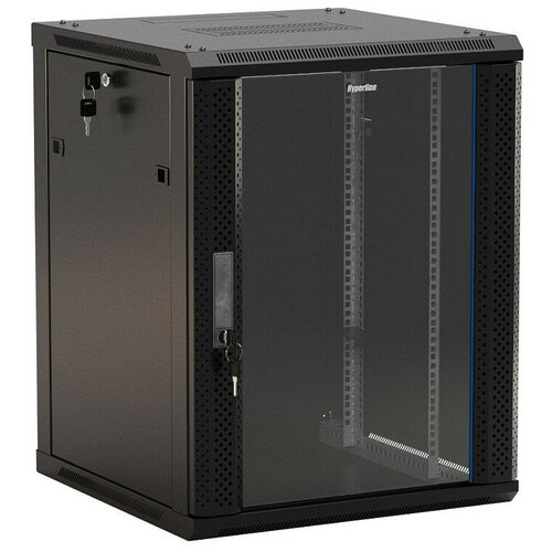 Шкаф настенный TWB-0945-GP-RAL9004 19дюйм 9U 500х600х450мм стеклян. дверь с перфорацией по бокам ручка с замком черн. (RAL 9004) (разобранный) Hyperl