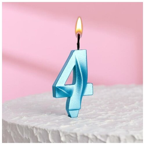 Свеча в торт "Грань", цифра "4", голубой металлик, 7.8 см