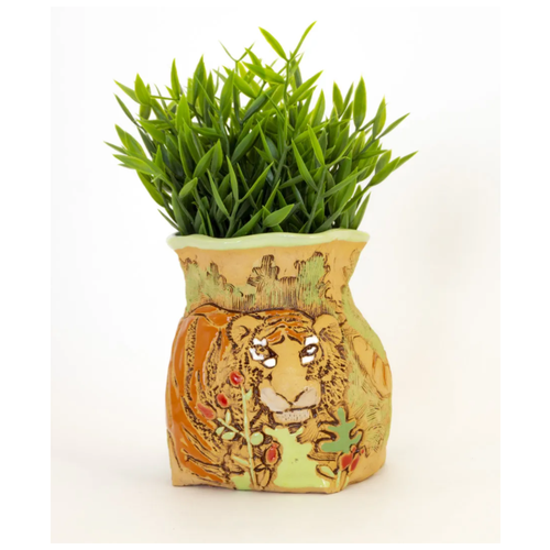 Авторское керамическое кашпо для цветов ручной работы, Мешочек с тигром, 0,6л