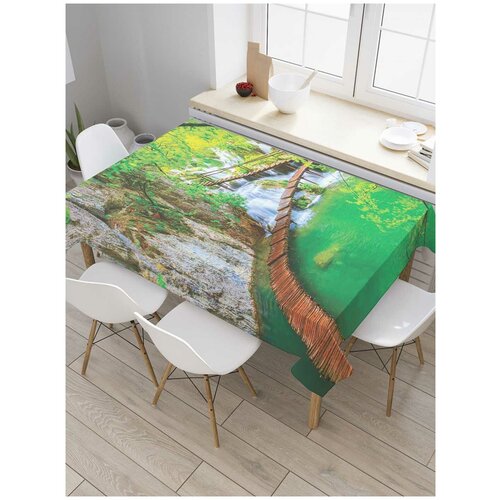 Прямоугольная водоотталкивающая скатерть на стол JoyArty с рисунком "Фигурный мост у водопада" 120 на 145 смзеленый, коричневый