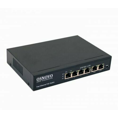 Коммутатор PoE OSNOVO SW-20600(80W) на 6 портов RJ45, 4 х FE (10/100 Base-T) с поддержкой PoE (IEEE 802.3af/at), 2 x FE (10/100 Base-T) Uplink